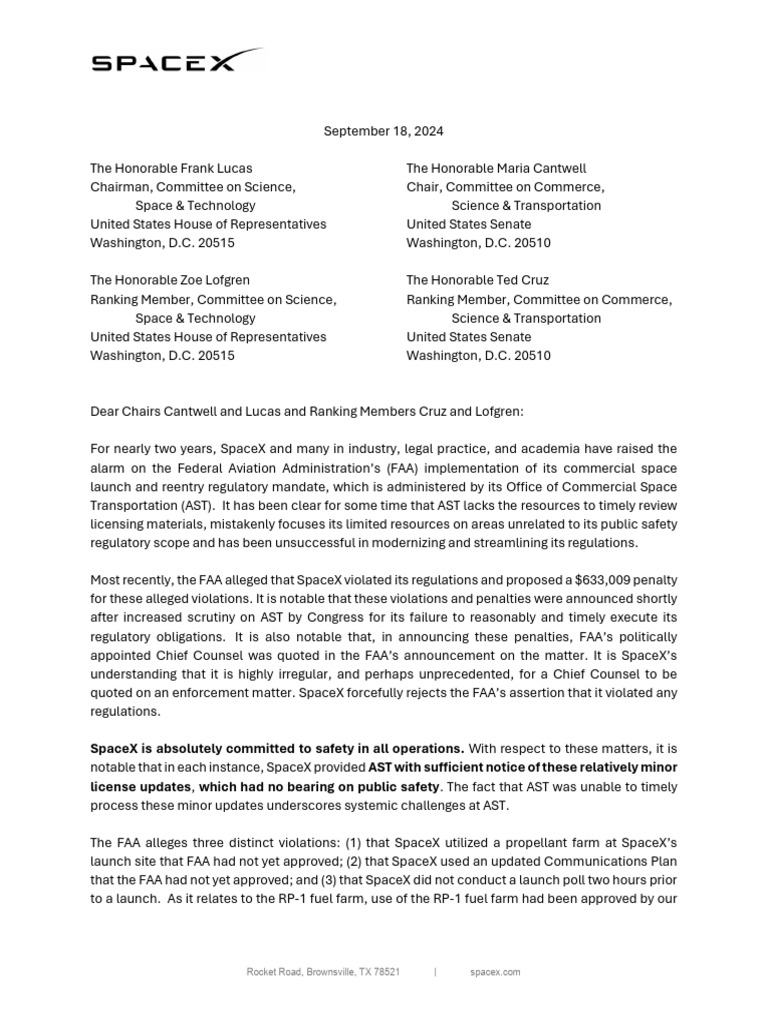 SpaceX Letter Re Alleged Non-Compliance 09.18.2024 | PDF | Space X | Federal Aviation Administration