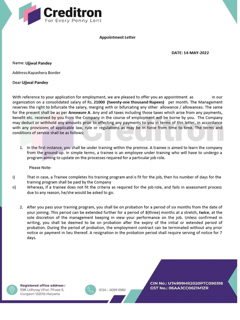 Appointment Letter for Ujjwal Pandey | PDF | Indemnity | Finance ...