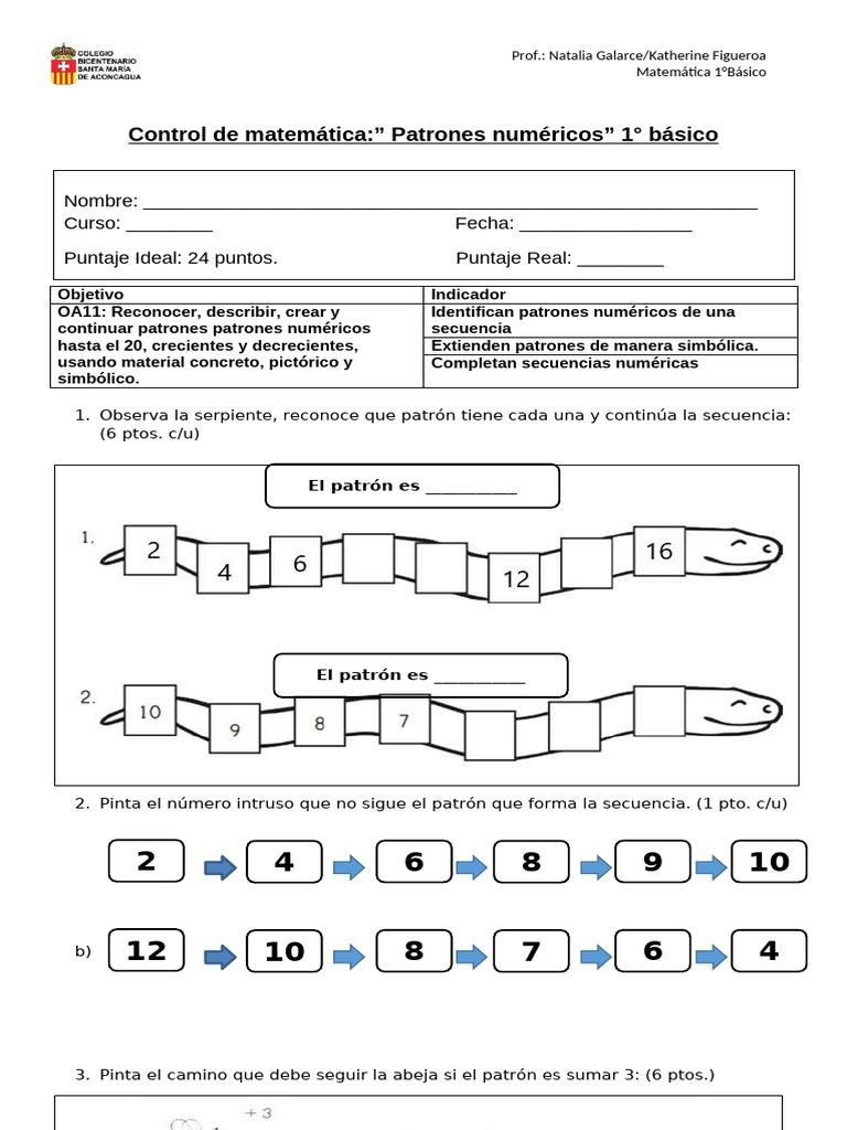 Patrones Numéricos para 1° Básico | PDF | Métodos y materiales de enseñanza