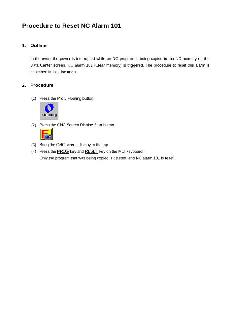 Procedure To Reset NC Alarm 101: 1. Outline | PDF