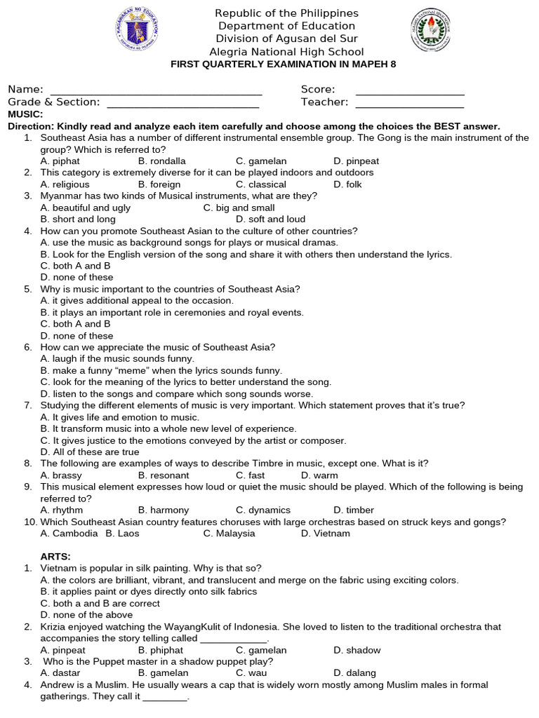 Mapeh 8 First Quarter With Tos | PDF