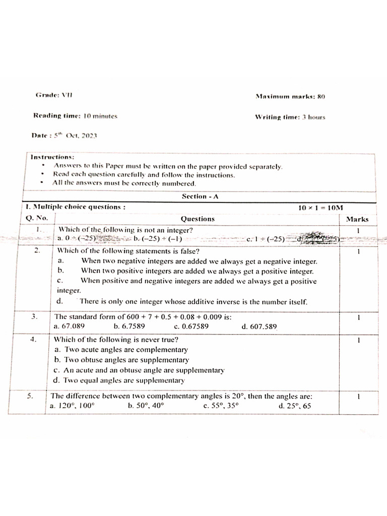 Grade - 7 - Revision Worksheet | PDF