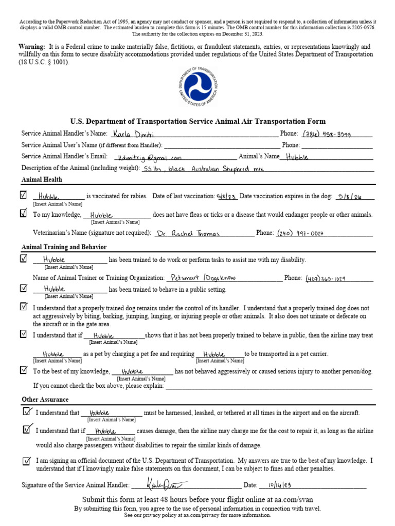 Dot Service Animal Health Behavior Training Form 1 | PDF | Leash ...