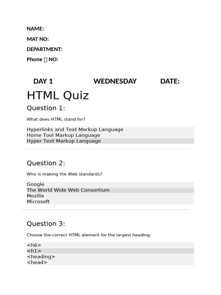 Write An Html Code That Will Output This Exam Pdf Html Html Element 5720