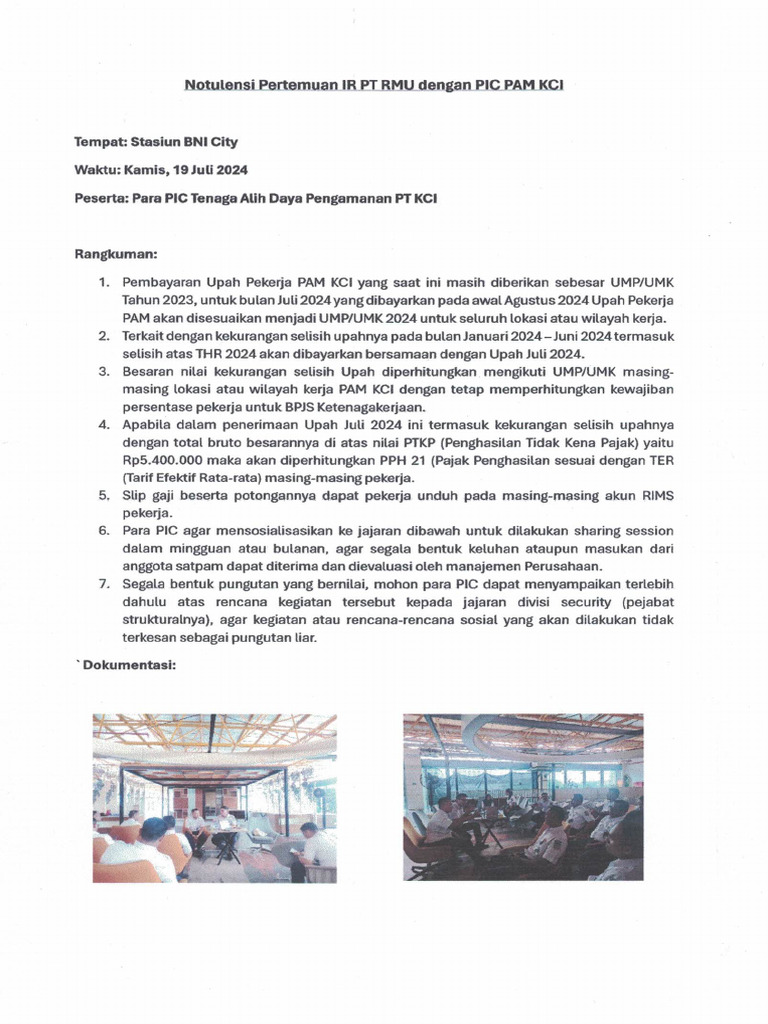 Notulensi Pertemuan IR RMU Dengan PIC PAM KCI 18 Juli 2024 | PDF