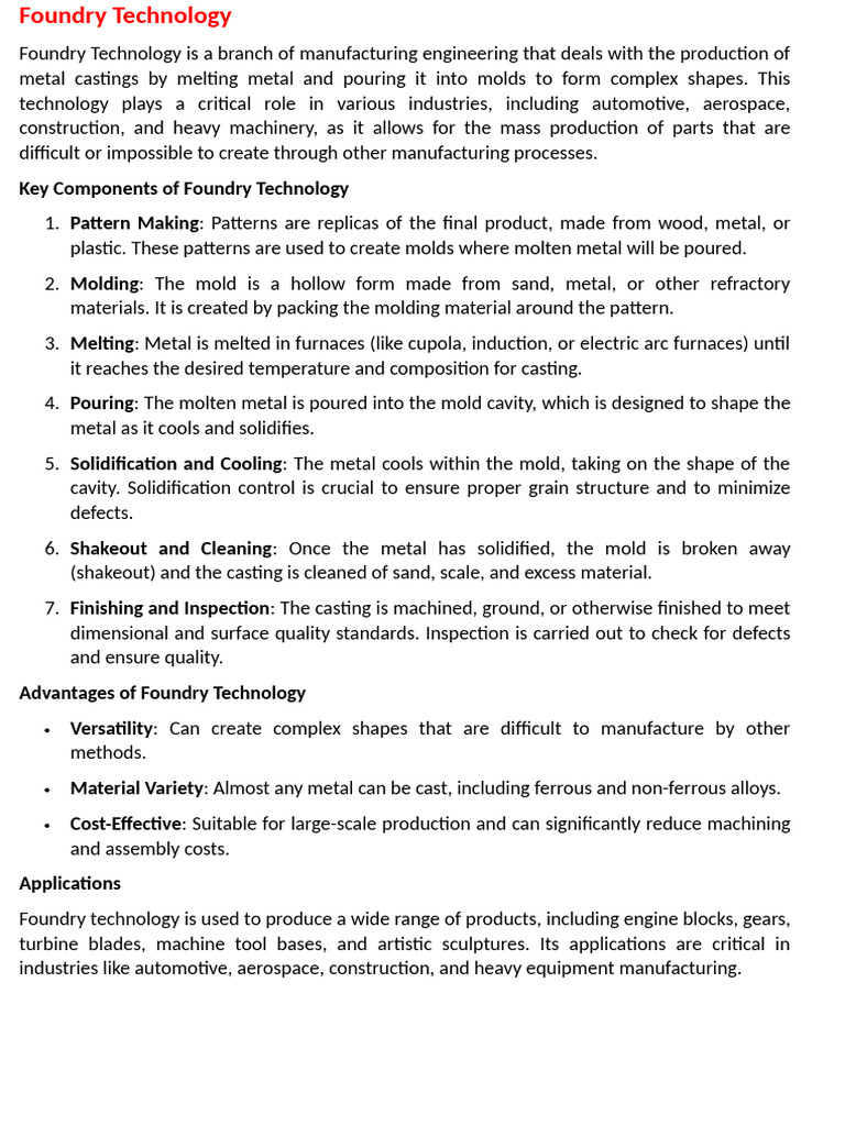Key Components of Foundry Technology Pattern Making Molding Melting ...