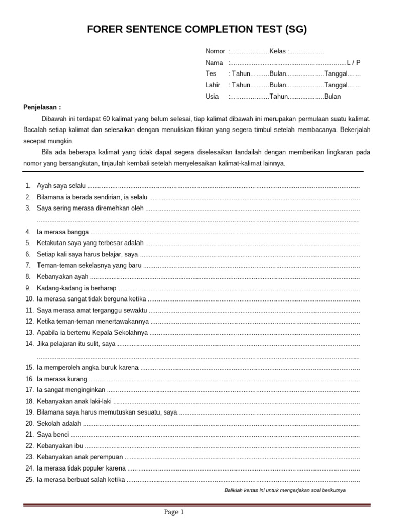 FSCT (Forer Sentence Completion Test) | PDF