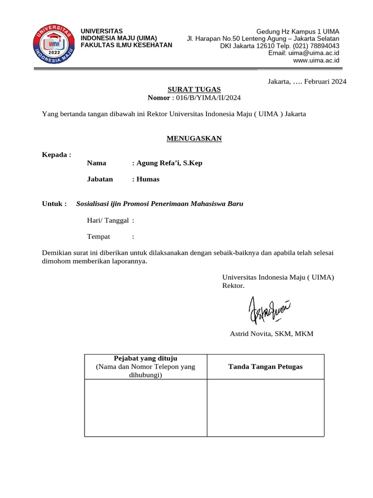 Surat Tugas Sosialisasi Uima | PDF