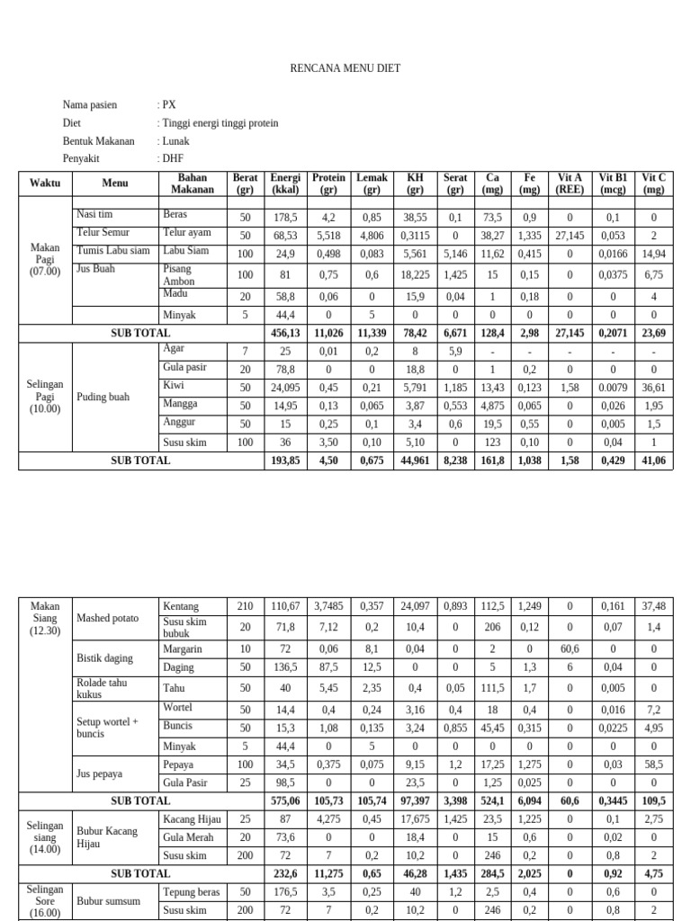 Rencana Menu Diet DHF | PDF