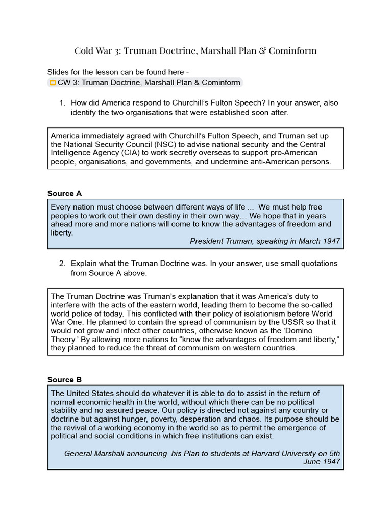 CW 3 - Truman Doctrine, Marshall Plan & Cominform | PDF