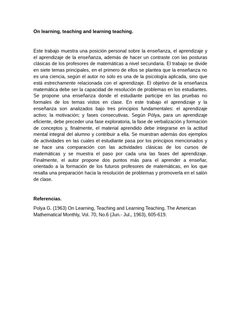 Polya (1963) On Learning | PDF Polya (1963) On Learning | PDF