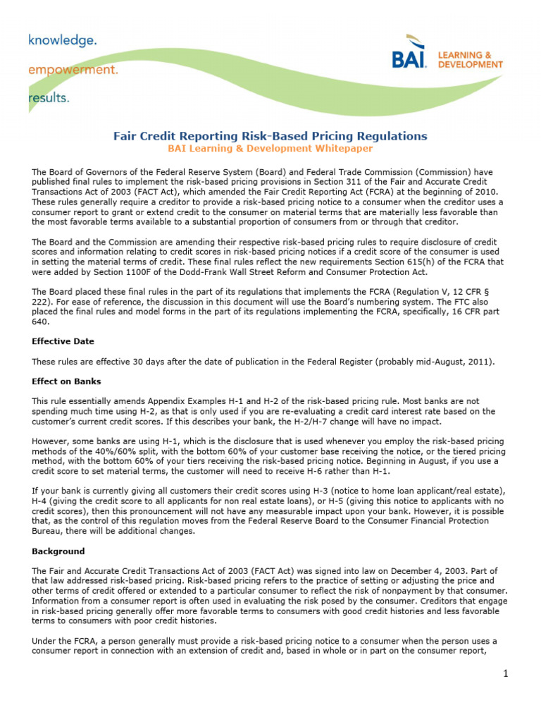 Risk Based Pricing Whitepaper | PDF | Dodd–Frank Wall Street Reform And Consumer Protection Act ...