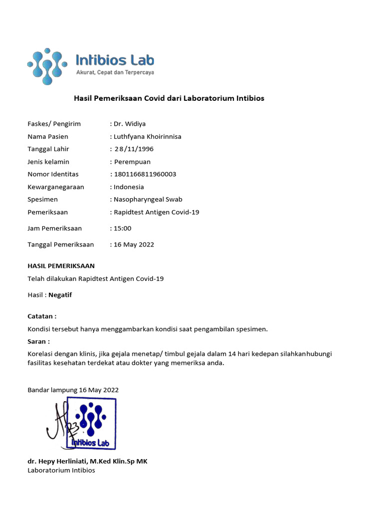 Hasil Pemeriksaan Covid Dari Laboratorium Intibios | PDF