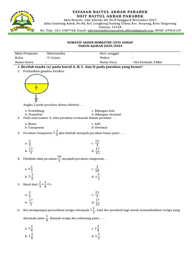 Sumatif Tengah Semester (STS) Genap MTK | PDF