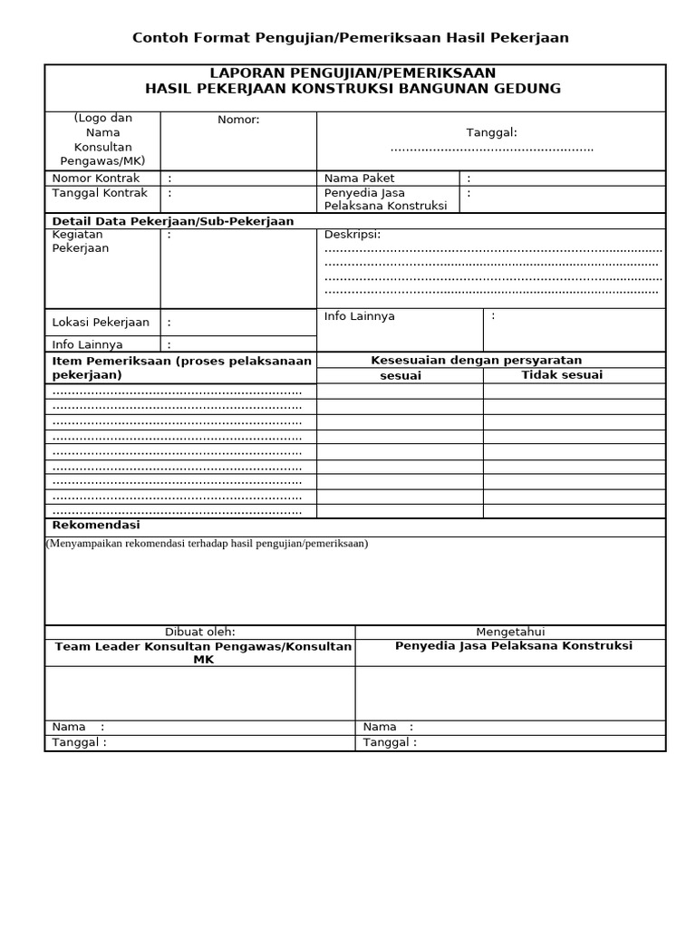 Format Laporan Pengujian Pemeriksaan Konsultan Pengawas & MK | PDF
