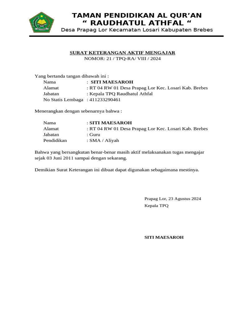SURAT KETERANGAN AKTIF MENGAJAR TPQ Raudhatul Athfal | PDF