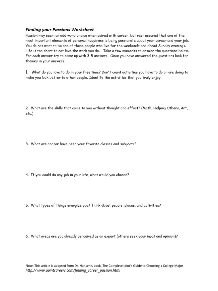 Academic Advising Center Finding Your Passions Worksheet | PDF
