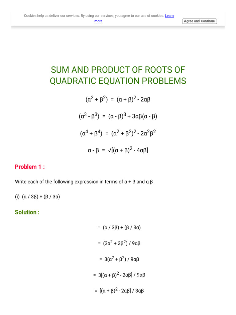 Sum and Product of Roots of Quadratic Equation Problems | PDF | Mathematics | Mathematical Objects