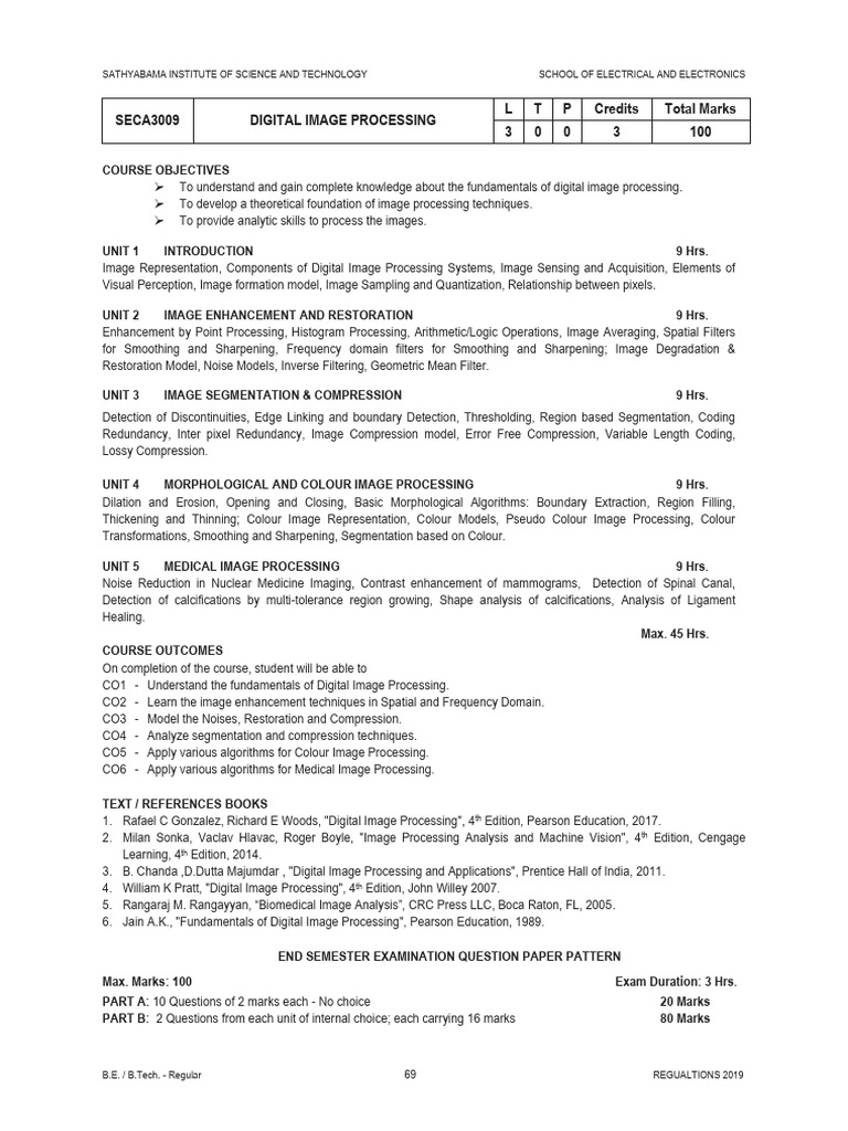 SECA3009-Digital Image Processing Syllabus | PDF