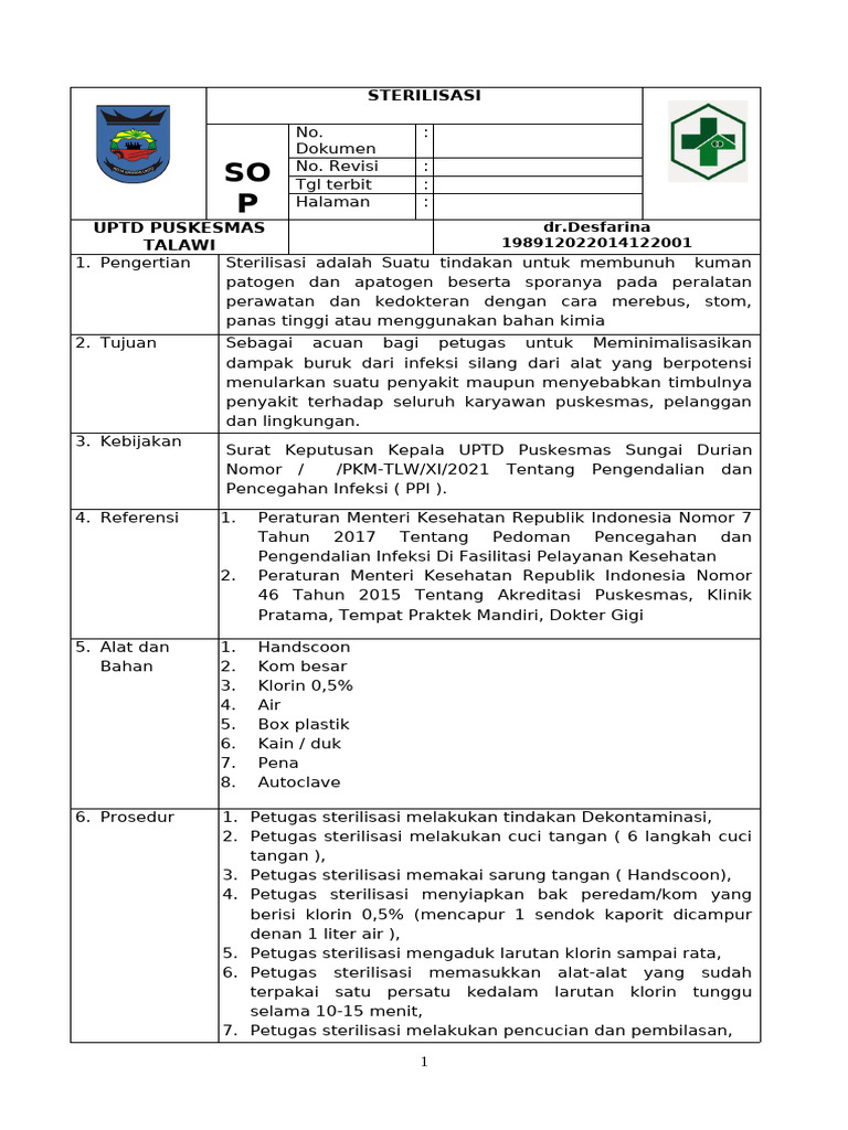 Sop Sterilisasi Sip | PDF