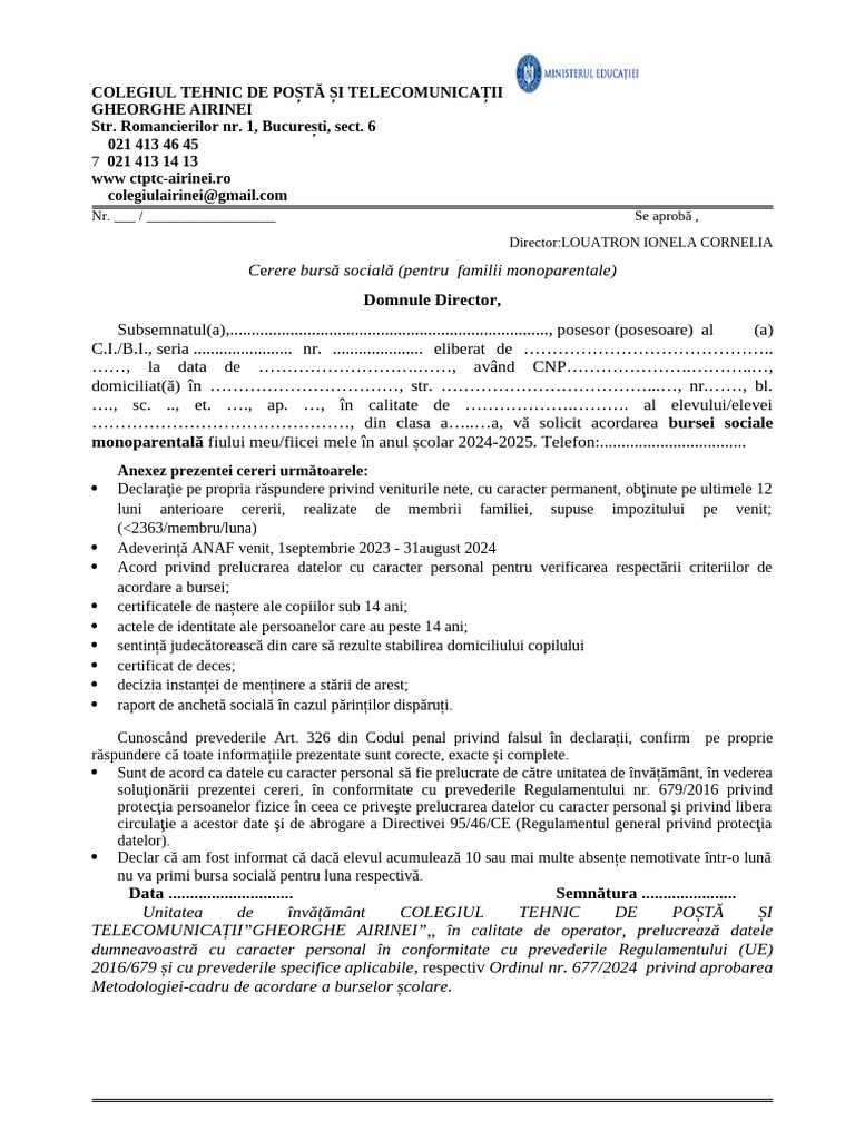 CERERE BURSE SOCIALA Monoparentala | PDF