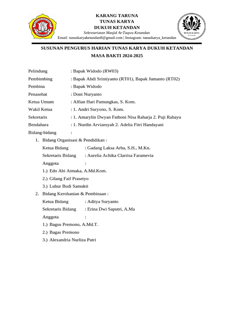 Susunan Pengurus Harian Tunas Karya 2024-2025 | PDF