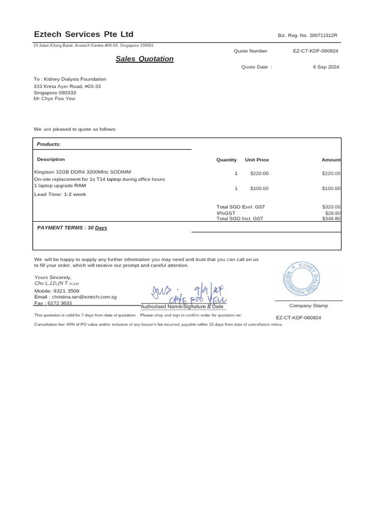 Eztech Services Pte LTD: Sales Quotation | PDF