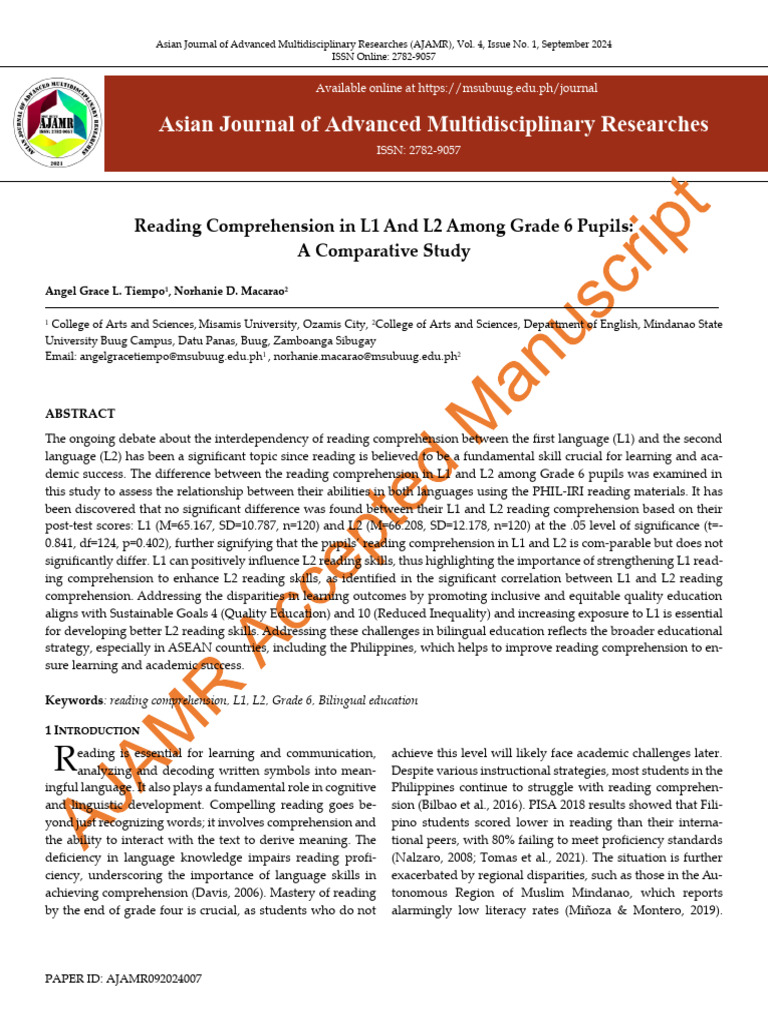 Reading Comprehension in L1 and L2 Among Grade 6 Pupils: A Comparative ...