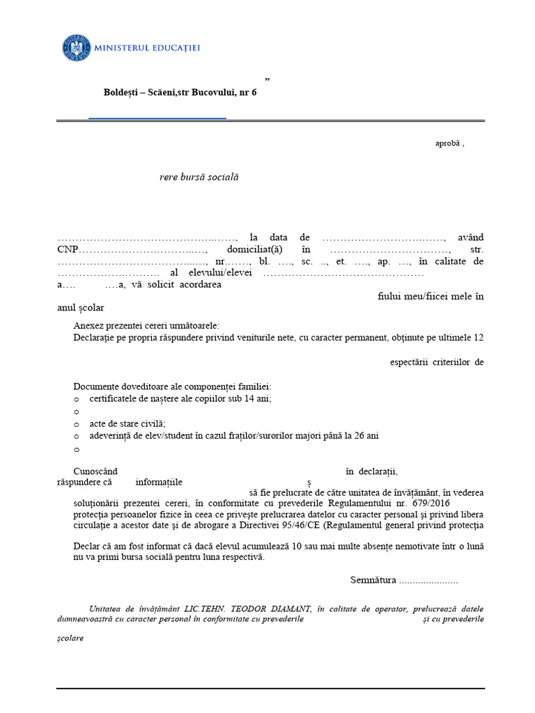 Cerere Burse Sociala Venit Mic | PDF