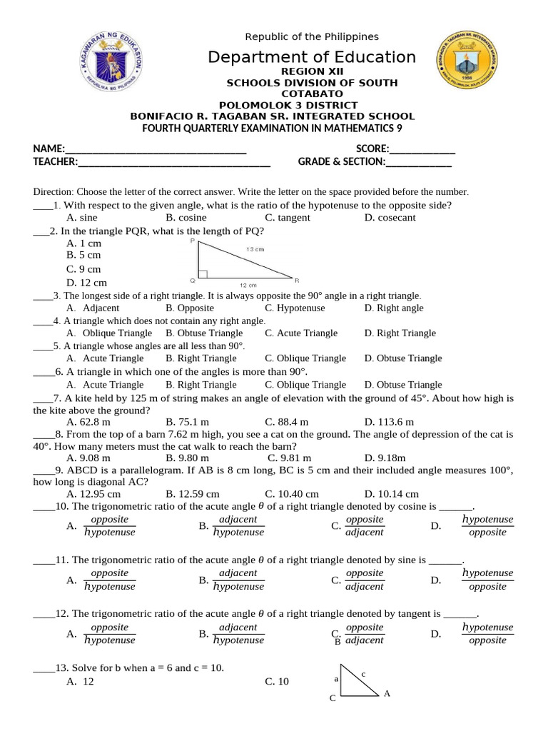 Math 9 Fourth Exam | PDF