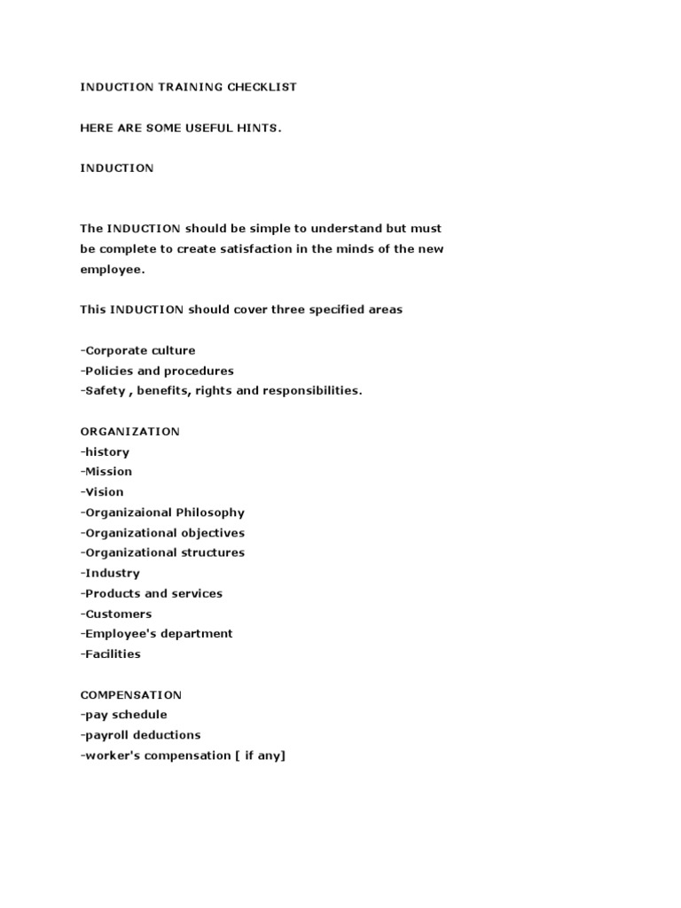 Induction Training Checklist | PDF