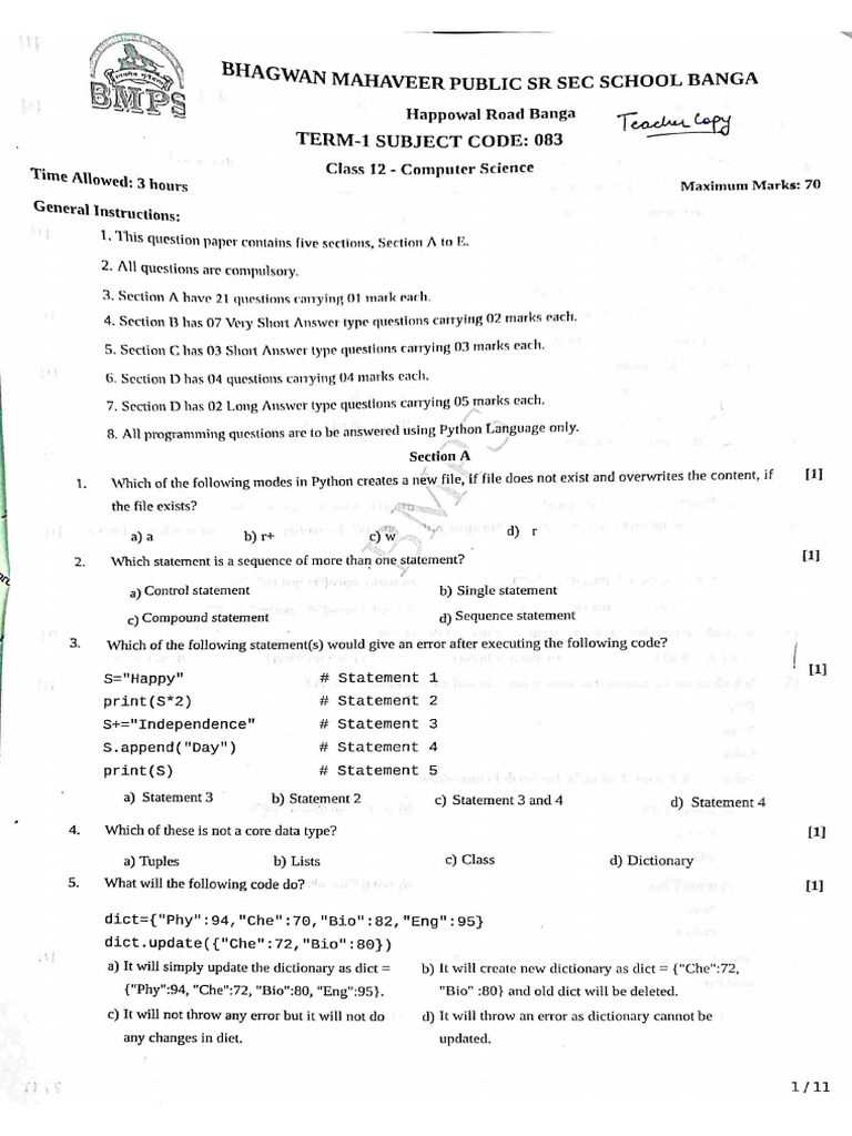 Computer Class 12 Sample Paper | PDF