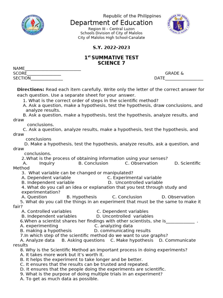 1ST Summative Test 2022 Science 7 | PDF