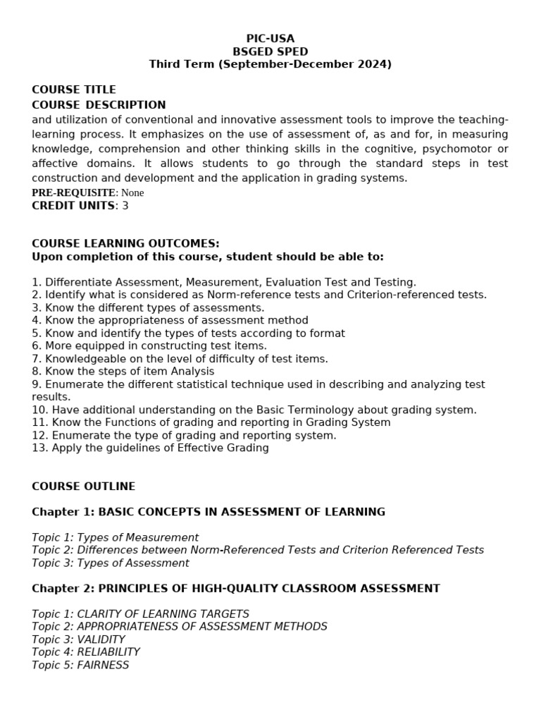 Course Syllabus - Assessment of Learning | PDF
