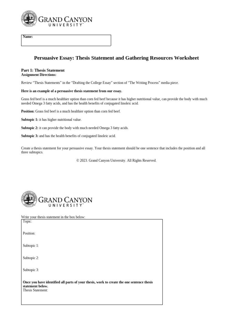 PHI105 - T3 - Thesis Statement and Gathering Resources Worksheet - 2023 ...