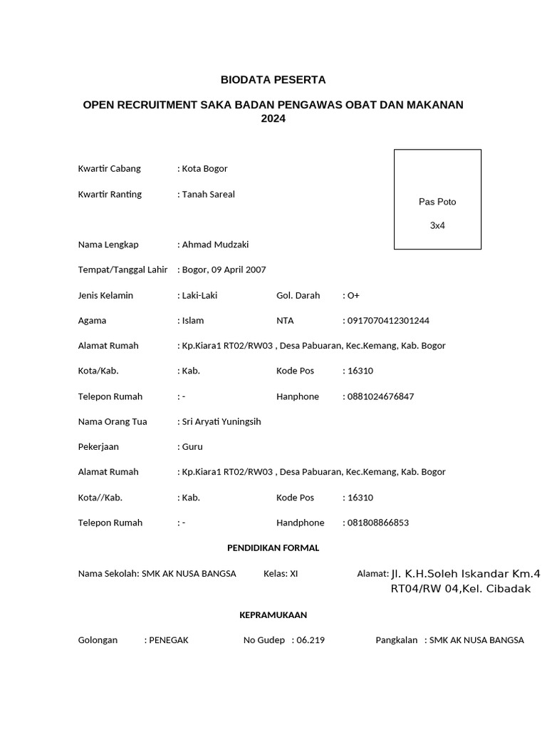 BIODATA PESERTA Saka Pom-1 22 | PDF