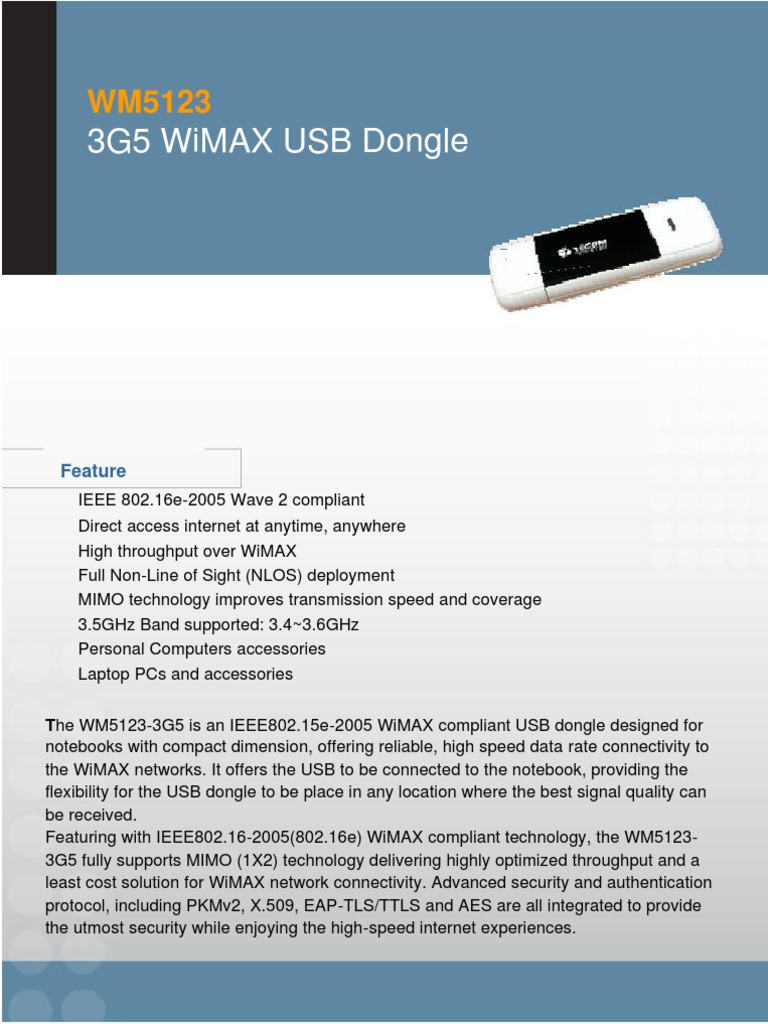 3G5 WiMAX USB Dongle Technical Specifications and Features | PDF