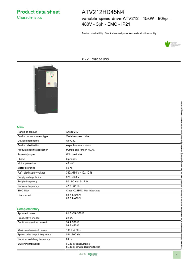 Altivar 212 Variable Frequency Drive VFD - ATV212HD45N4 | PDF ...