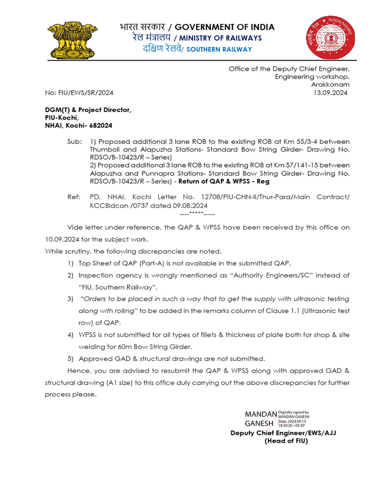 LR To NHAI - Kochi-Return - QAP - STD BSG - Thumboli - ALLP - Punnapura - Pennar | PDF