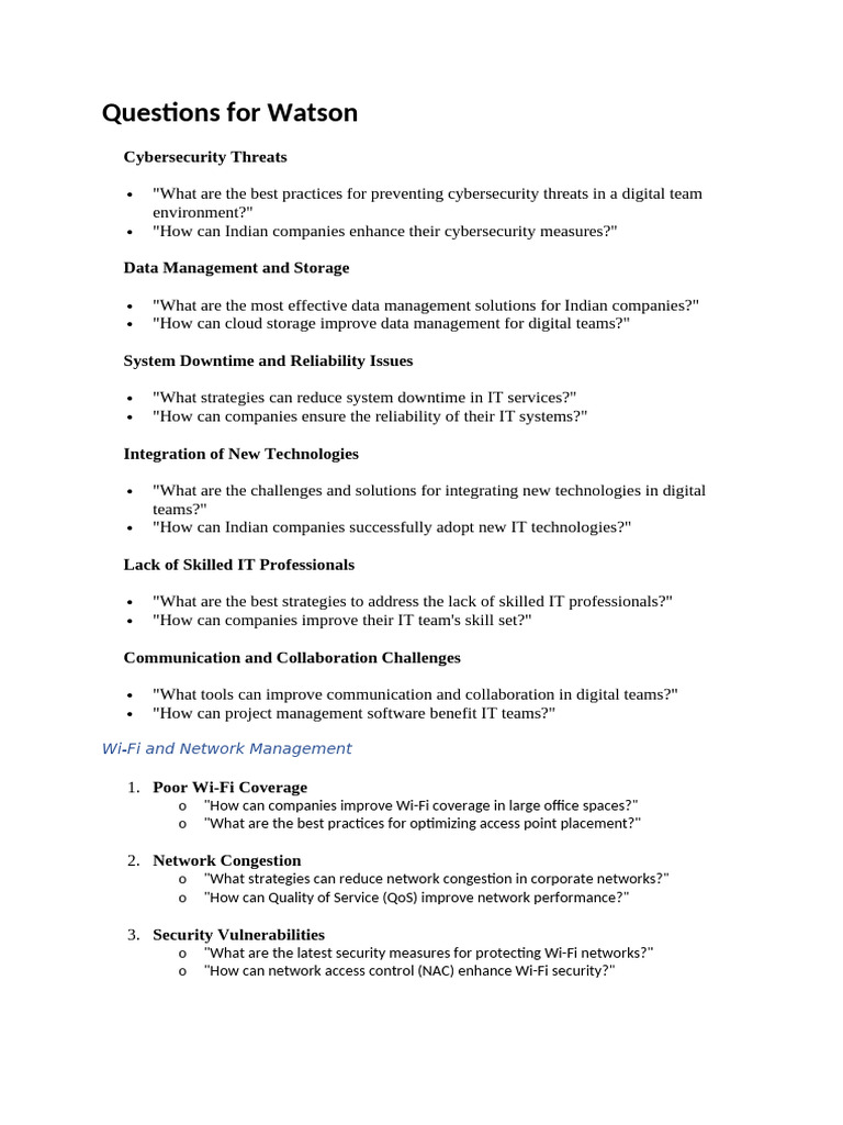 Questions for Watson Assistant | PDF