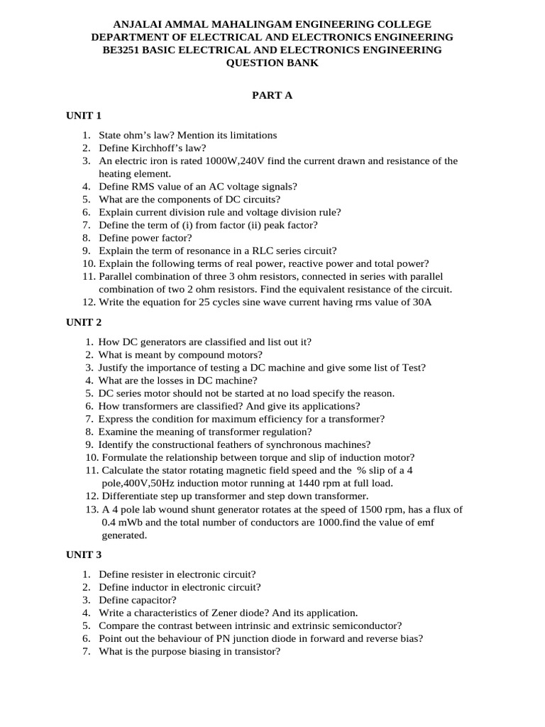 UNITWISE QUESTION BANK Be3251 | PDF | Electric Motor | Computers