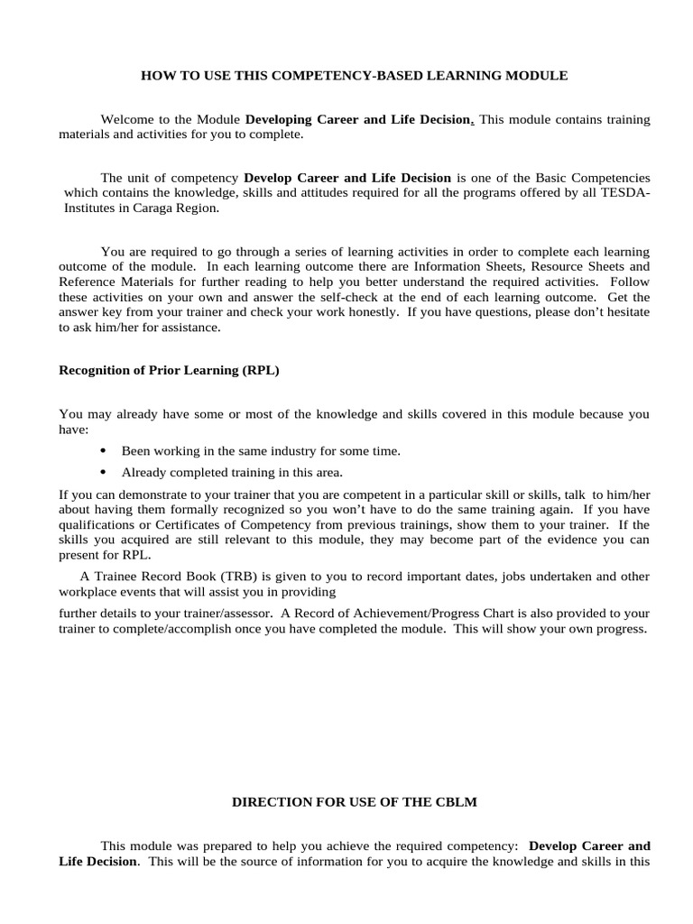 CBLM Develop Career and Life Decision | PDF | Swot Analysis | Learning