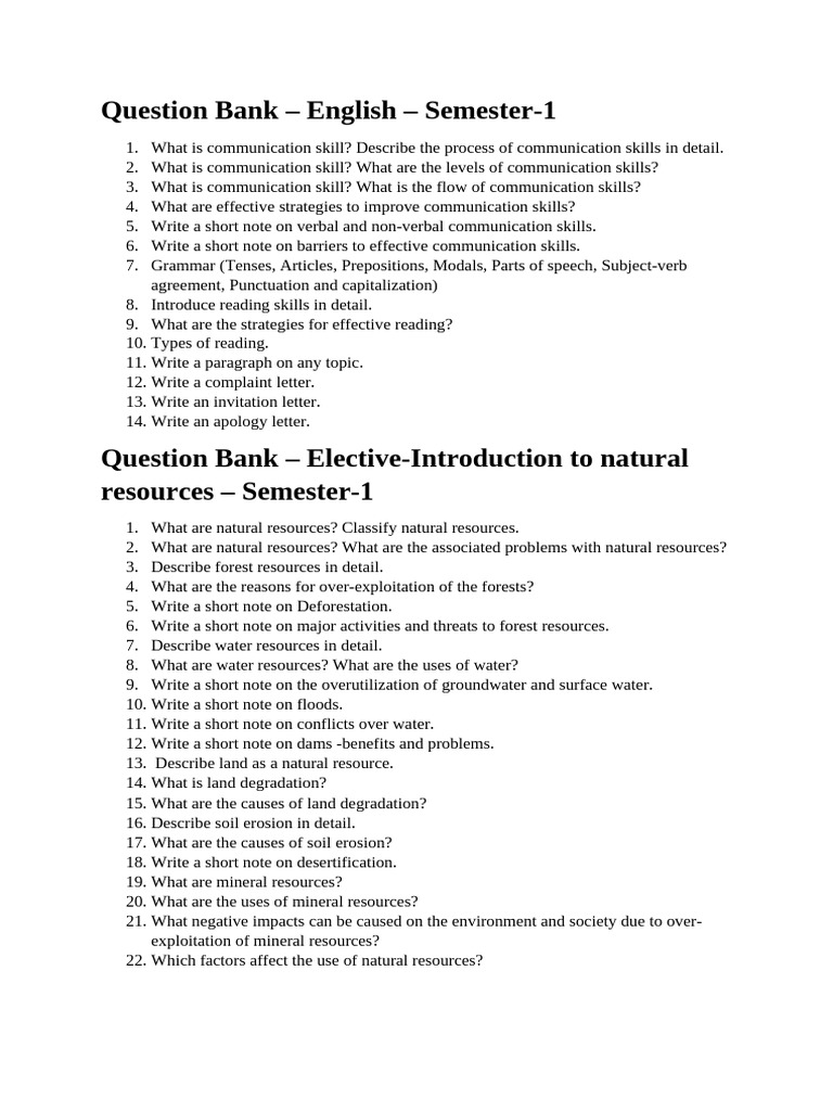 Question Bank - Semester - 1 - English and Elective | PDF