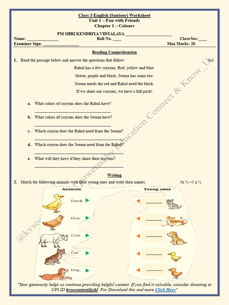 Class 3 English (Santoor) Unit 1 - Fun With Friends Chapter 1 - Colours Worksheet | PDF