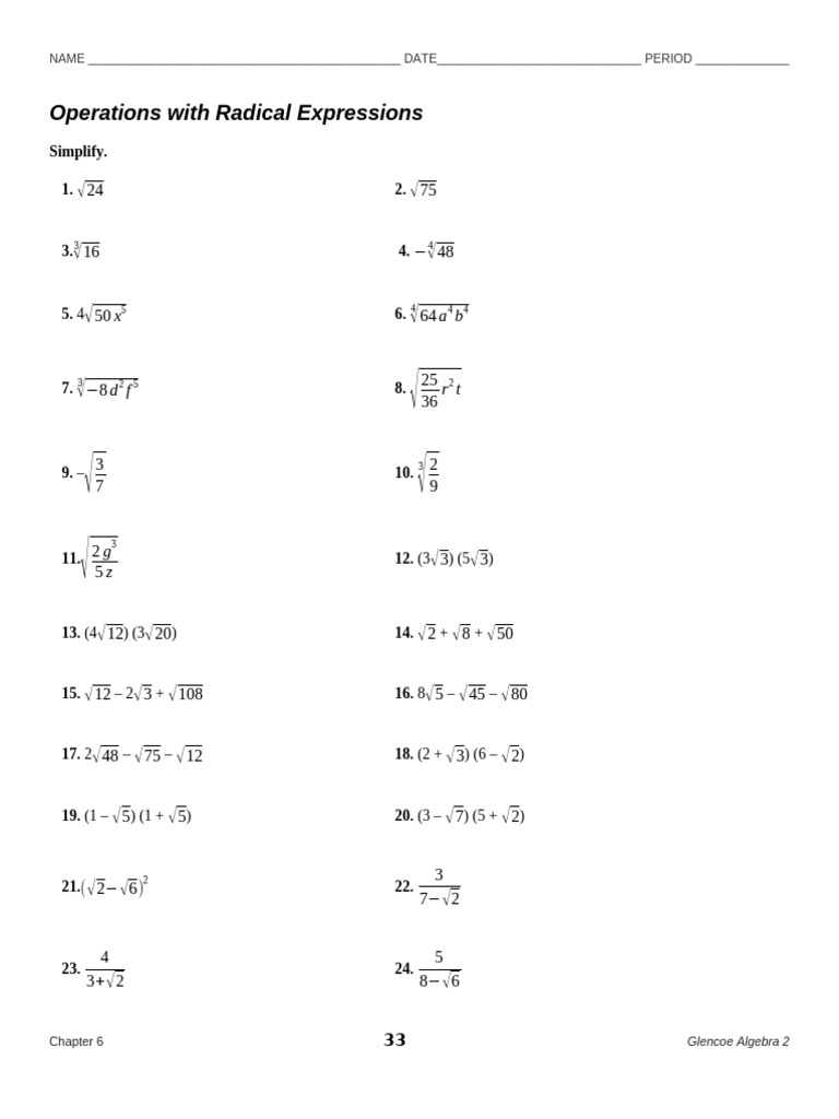 Skills Practice Operations With Radical Expressions | PDF