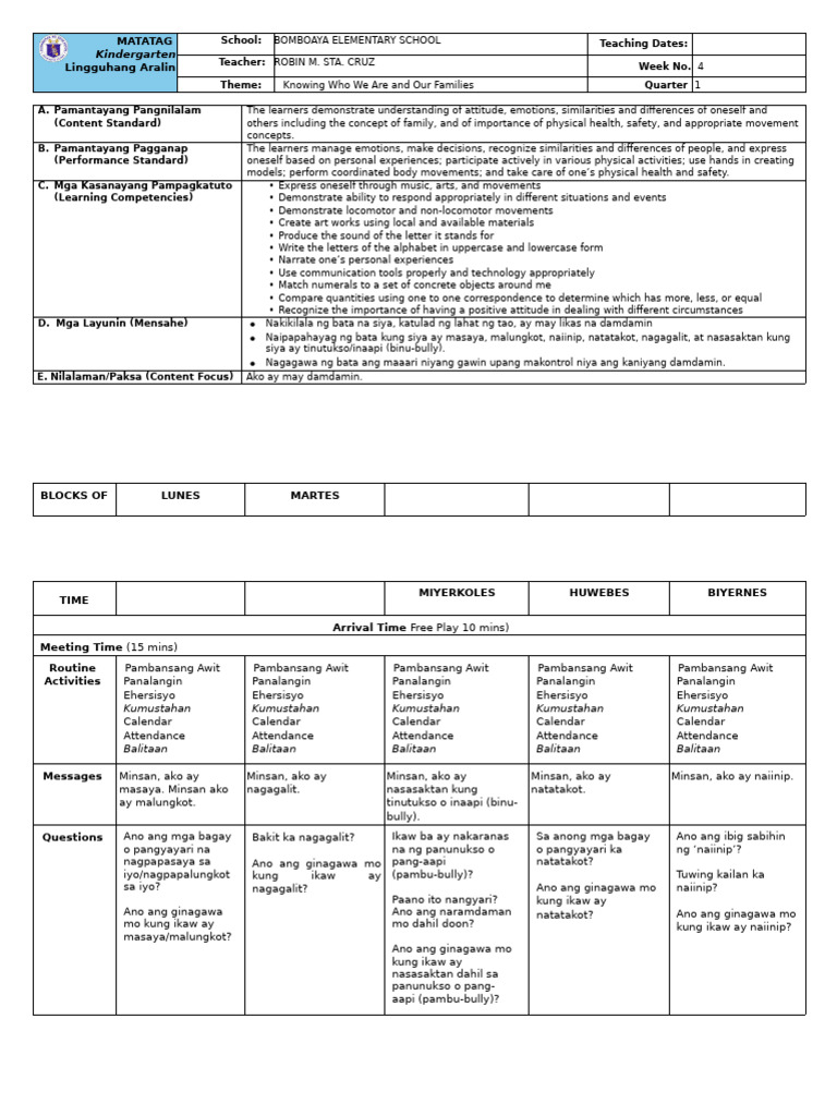Kindergarten Matatag DLL Q1 W4 | PDF