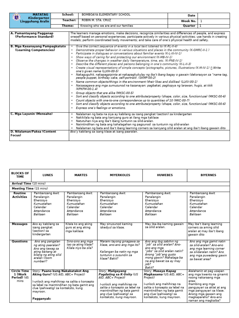 Kindergarten Matatag DLL Q1 W1 | PDF