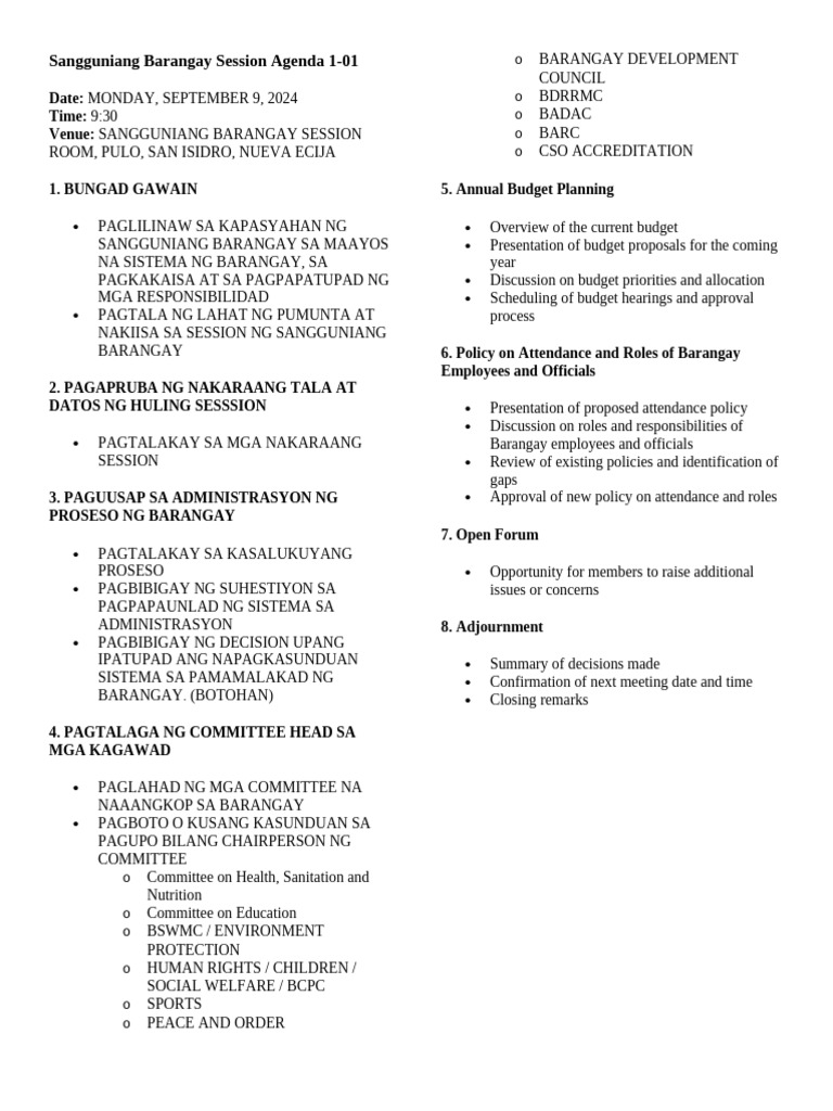 Barangay Session Agenda Overview | PDF