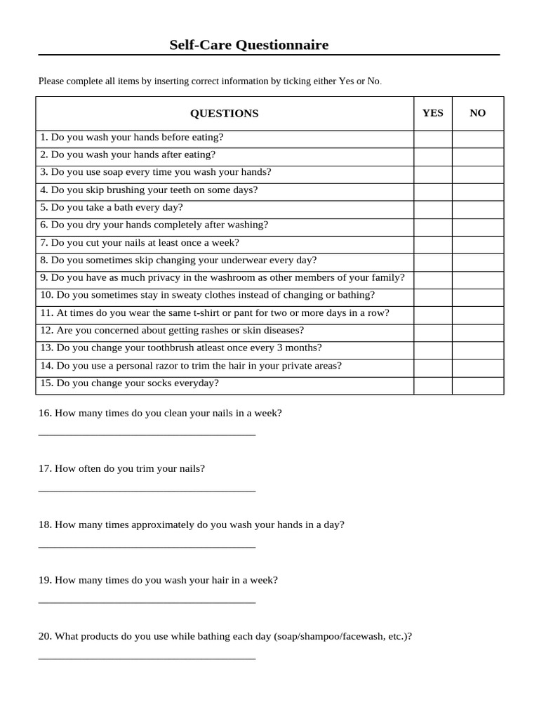 Self Care Questionnaire | PDF