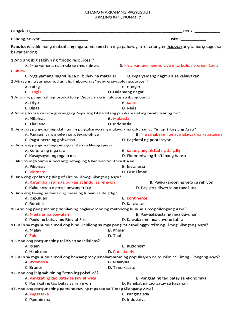 Ap7 Q1 Exam Unang-Markahang-Pagsusulit | PDF
